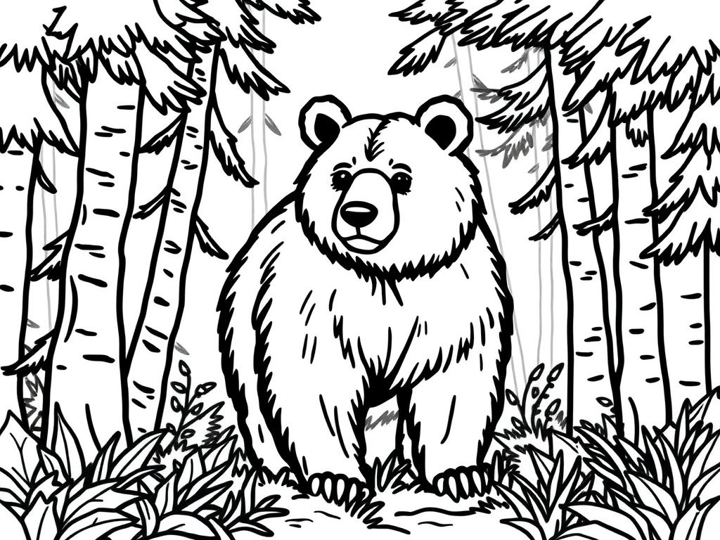 Bear in Forest Coloring Page - Free Printable Coloring Page