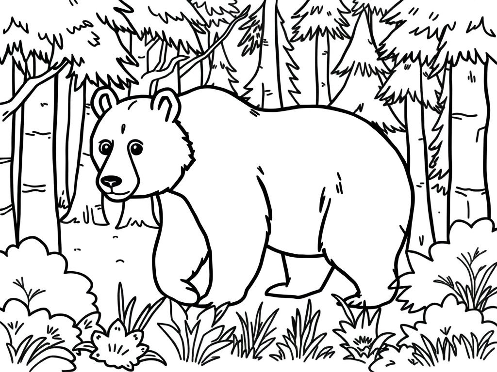 Bear in Forest Coloring Page - Free Printable Coloring Page
