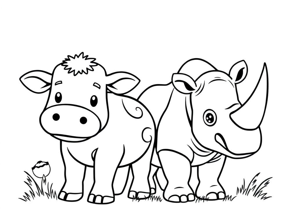 Cow and Rhino Coloring Page - Free Printable Coloring Page