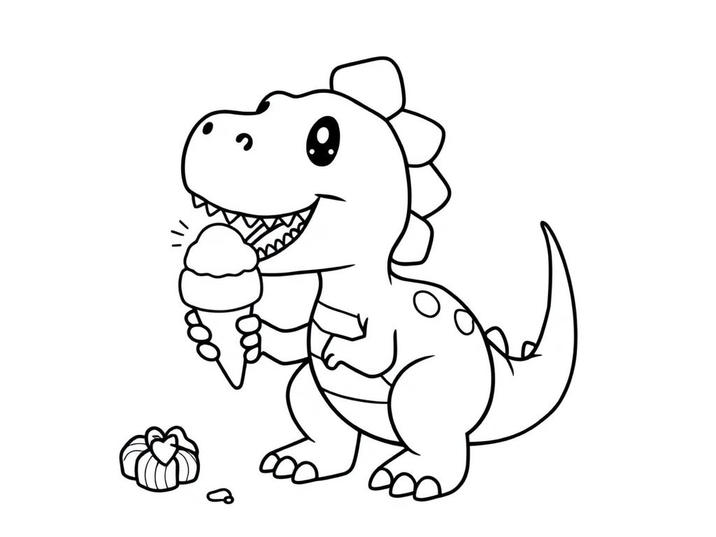 T-Rex Enjoying Ice Cream Coloring Page - Free Printable Coloring Page