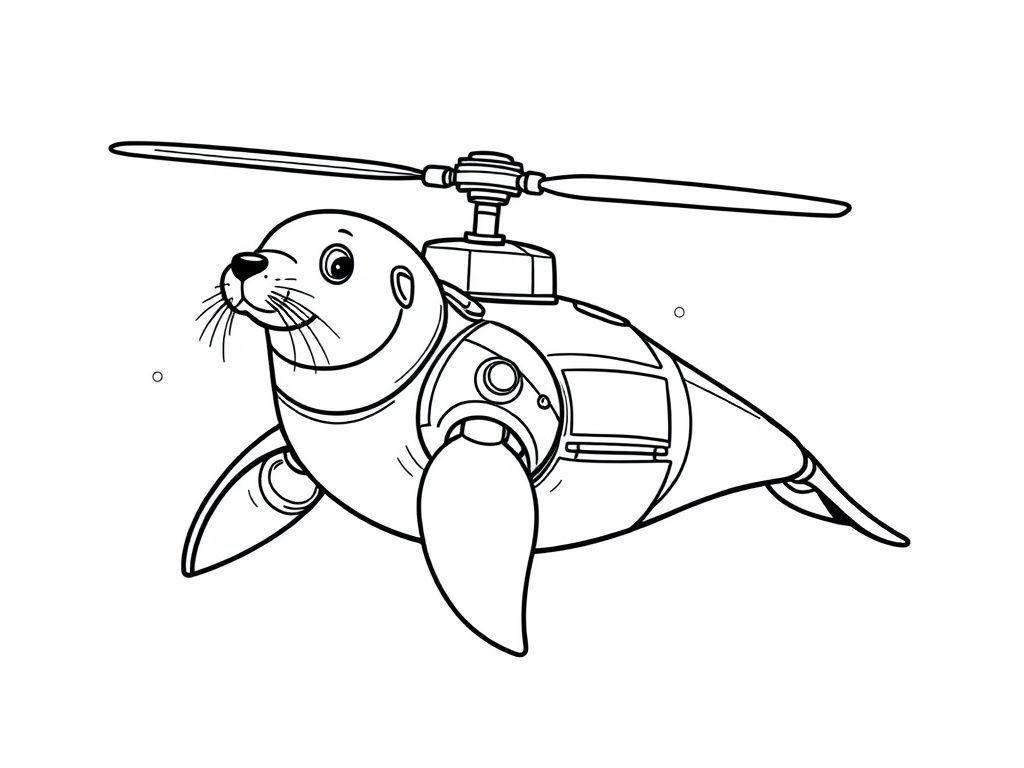 Seal with Helicopter Coloring Page - Free Printable Coloring Page