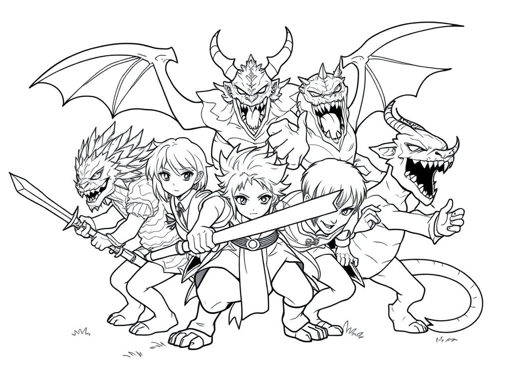 Fantasy Creatures Battle Coloring Page - Free Printable Coloring Page
