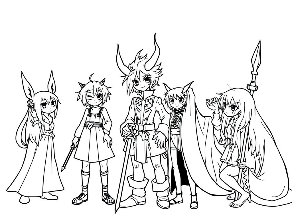 Anime Characters Coloring Page - Free Printable Coloring Page