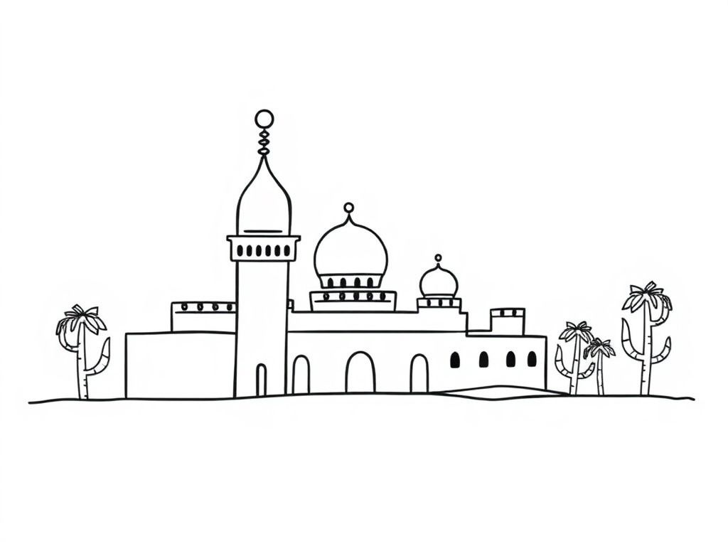 Mosque Desert Scene Coloring Page - Free Printable Coloring Page
