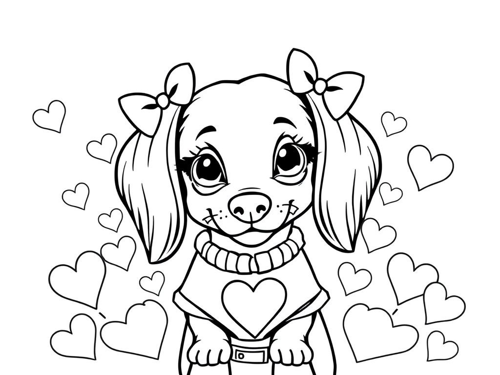 Cute Dog Coloring Page with Hearts - Free Printable Coloring Page
