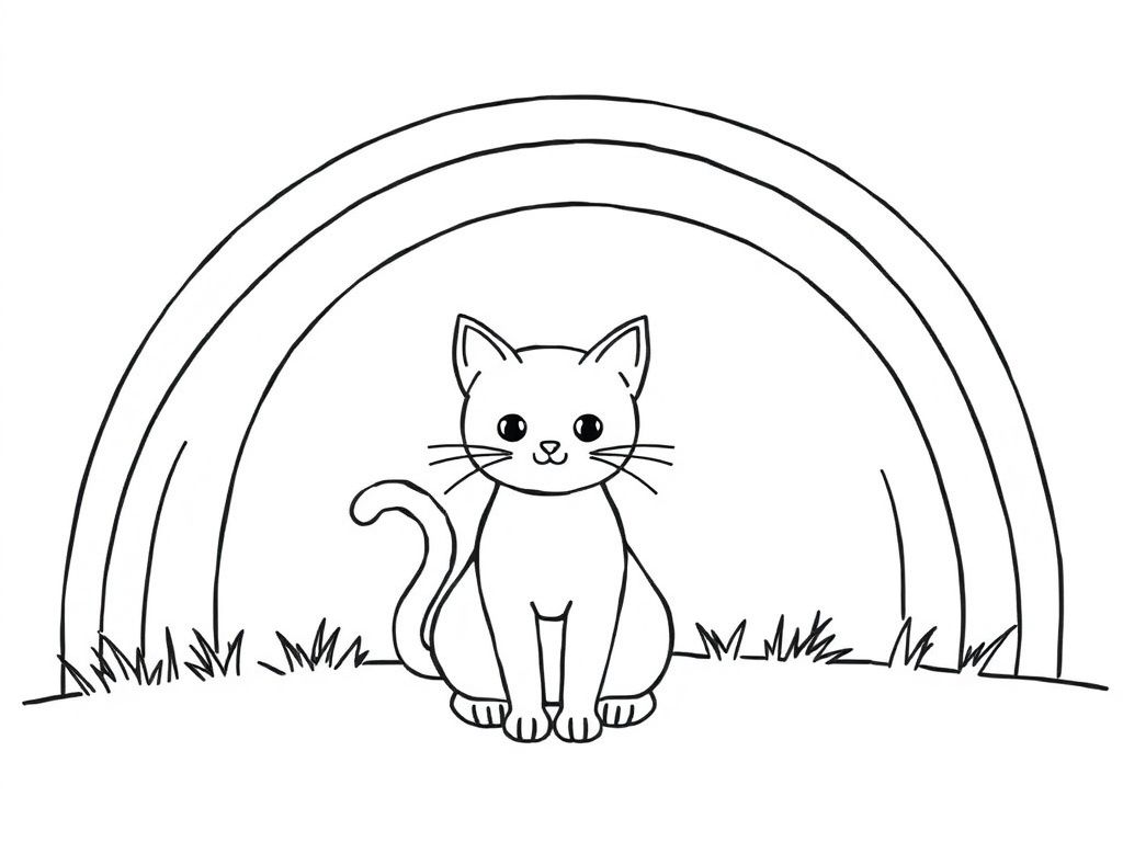 Cute Cat Under Rainbow Coloring Page - Free Printable Coloring Page