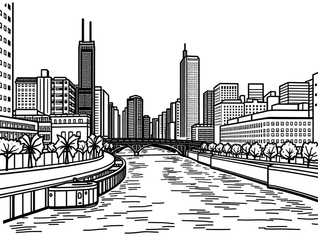 City Riverbank Coloring Page - Free Printable Coloring Page