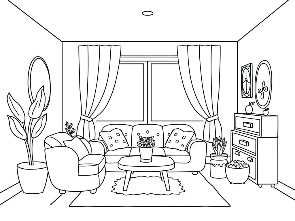Cozy Living Room Coloring Page - Free Printable Coloring Page