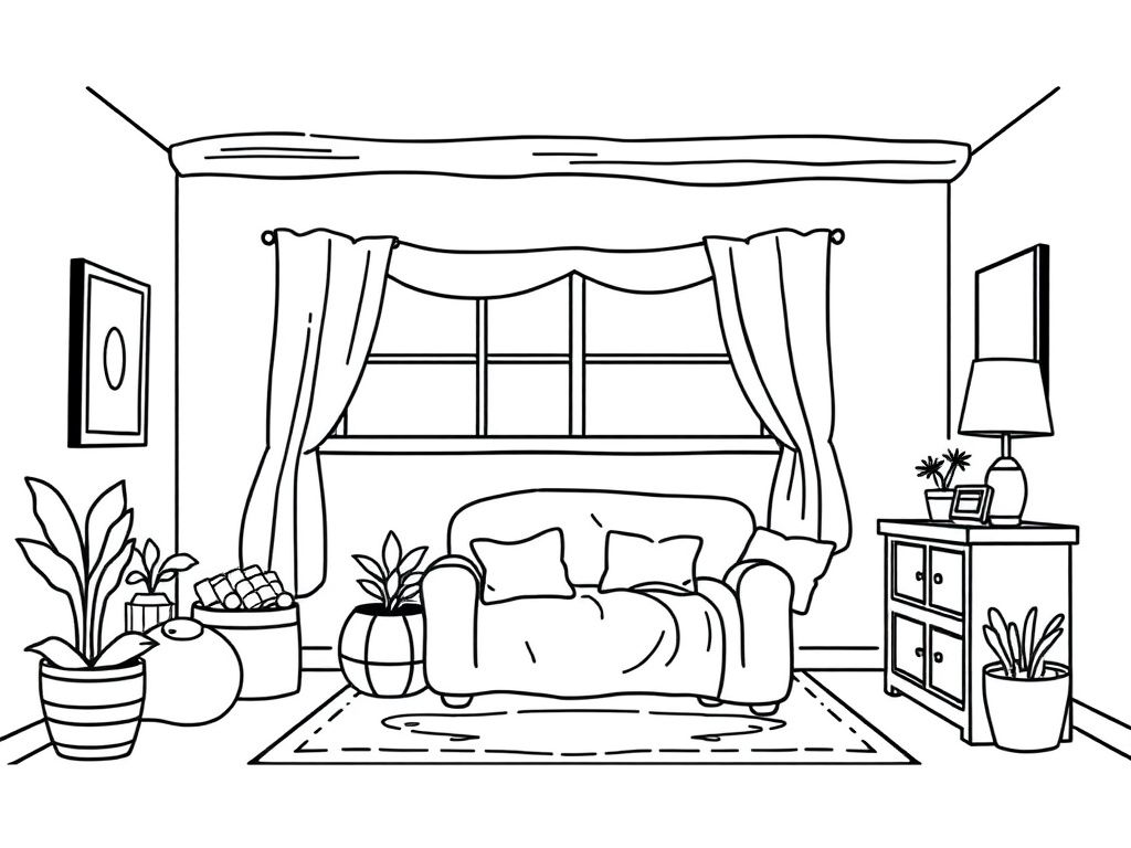 Cozy Living Room Coloring Page - Free Printable Coloring Page