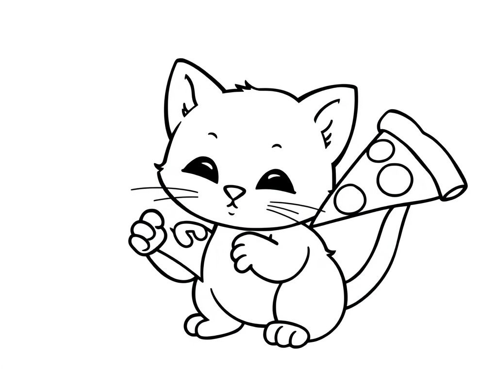 Cute Cat with Pizza Coloring Page - Free Printable Coloring Page