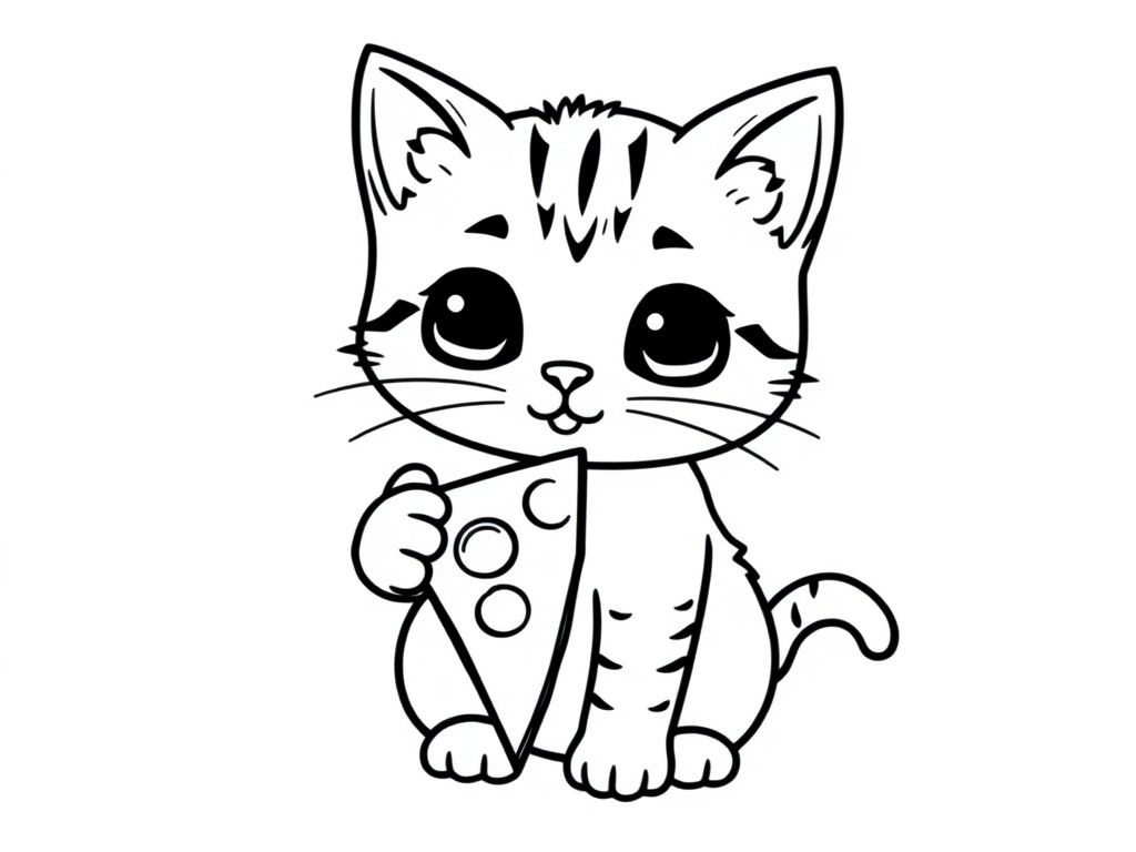 Cute Cat with Pizza Coloring Page - Free Printable Coloring Page