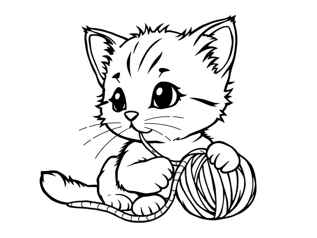 Cute Kitten with Yarn Coloring Page - Free Printable Coloring Page