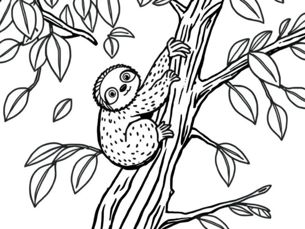 Sloth Hanging from Tree Coloring Page - Free Printable Coloring Page