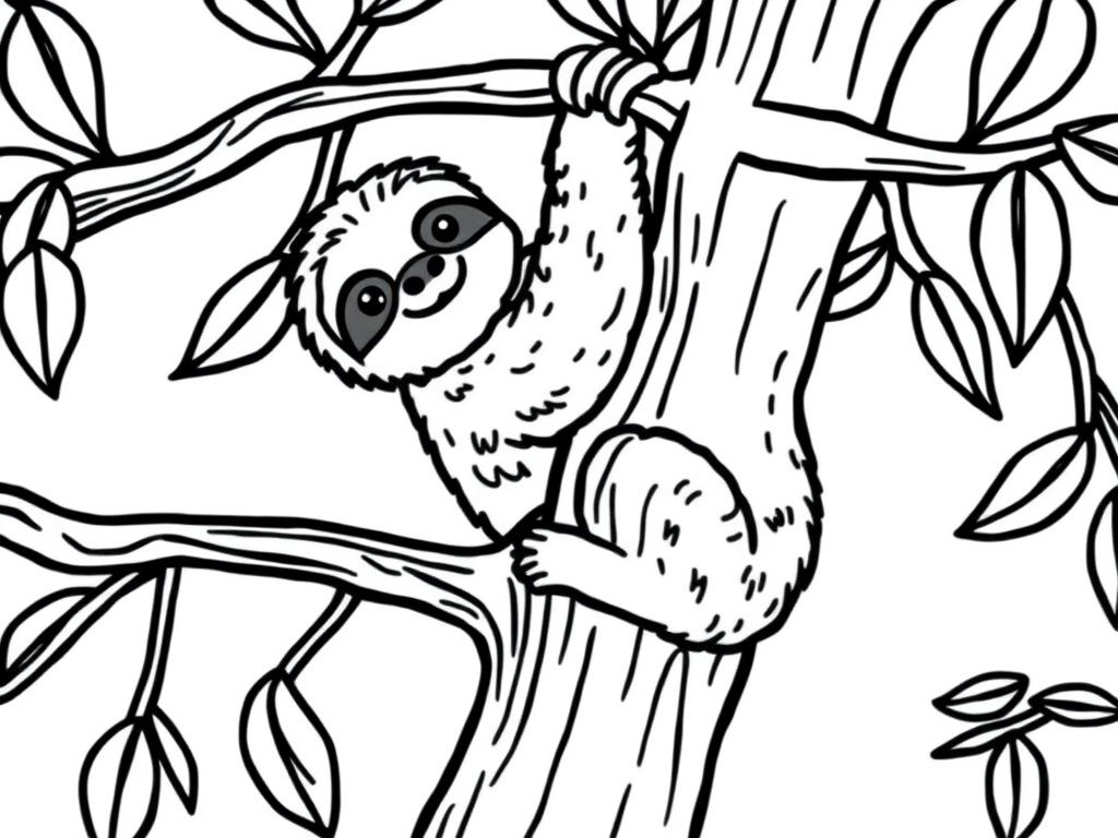 Sloth Hanging from Tree Coloring Page - Free Printable Coloring Page