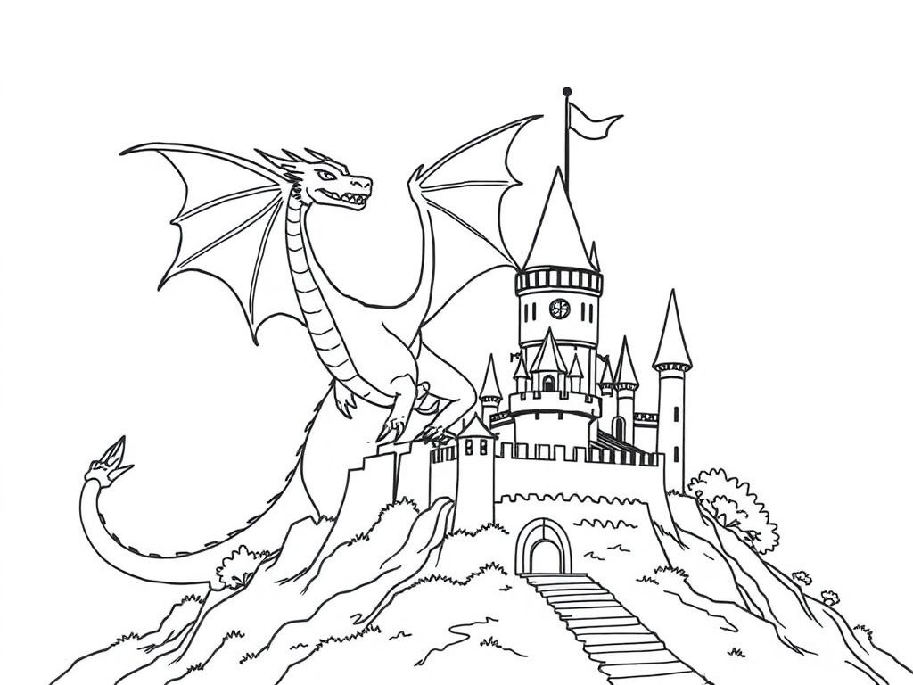 Dragon on Castle Coloring Page - Free Printable Coloring Page