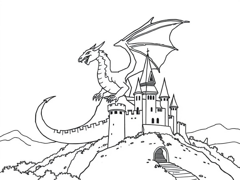 Dragon on Castle Coloring Page - Free Printable Coloring Page
