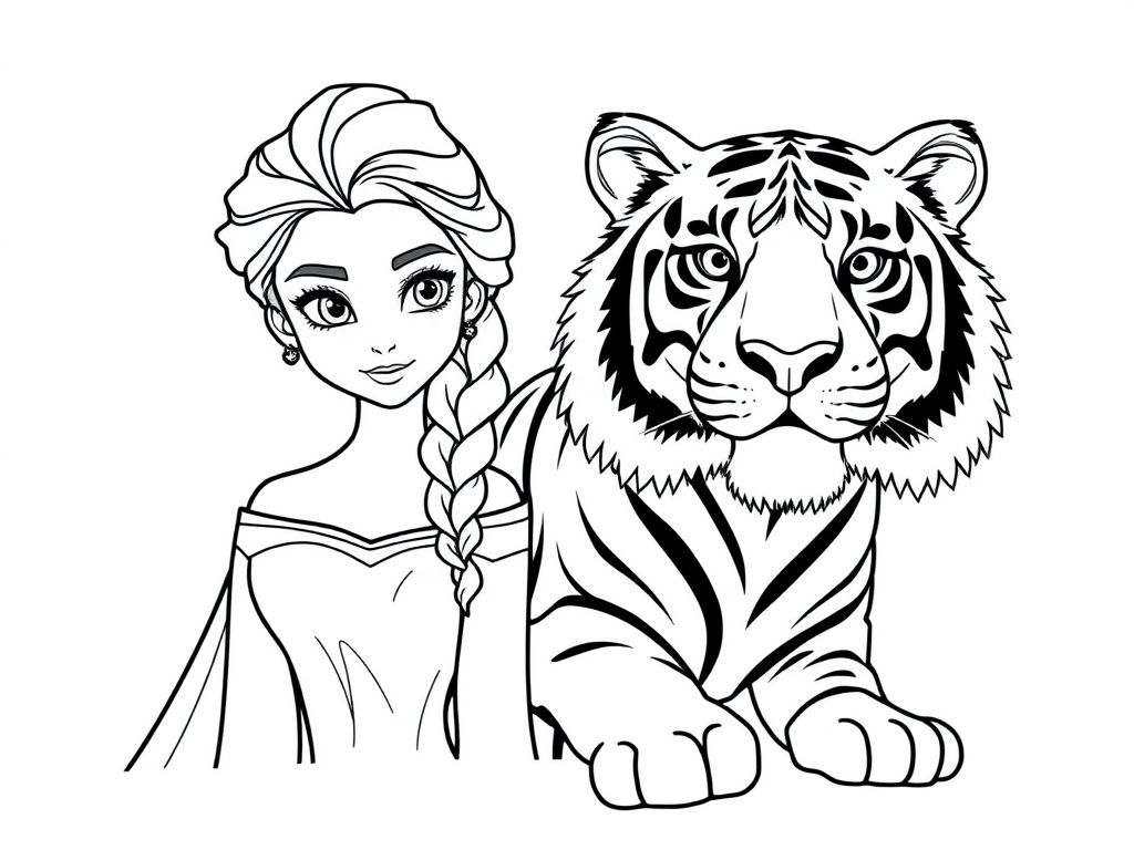 Elsa & Tiger Coloring Page - Free Printable Coloring Page