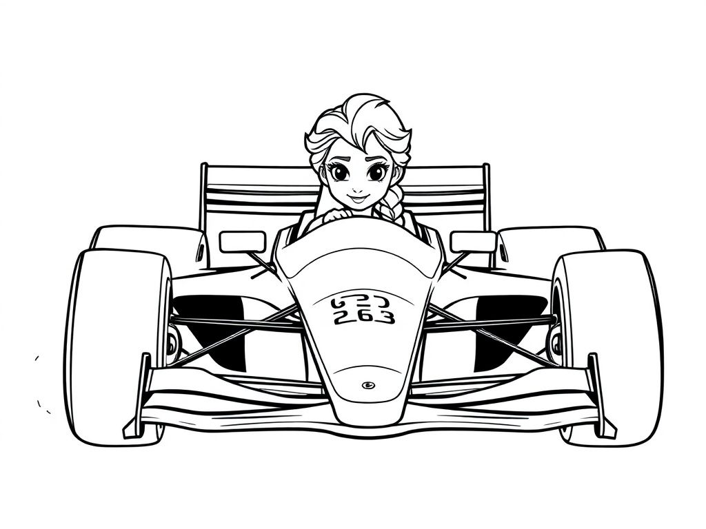 Elsa in a Race Car Coloring Page - Free Printable Coloring Page