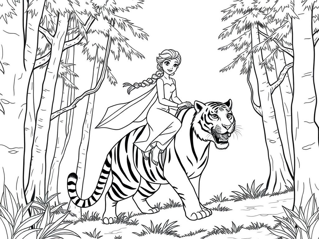Elsa & Tiger Coloring Page - Free Printable Coloring Page