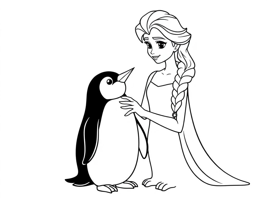Elsa and Penguin Coloring Page - Free Printable Coloring Page