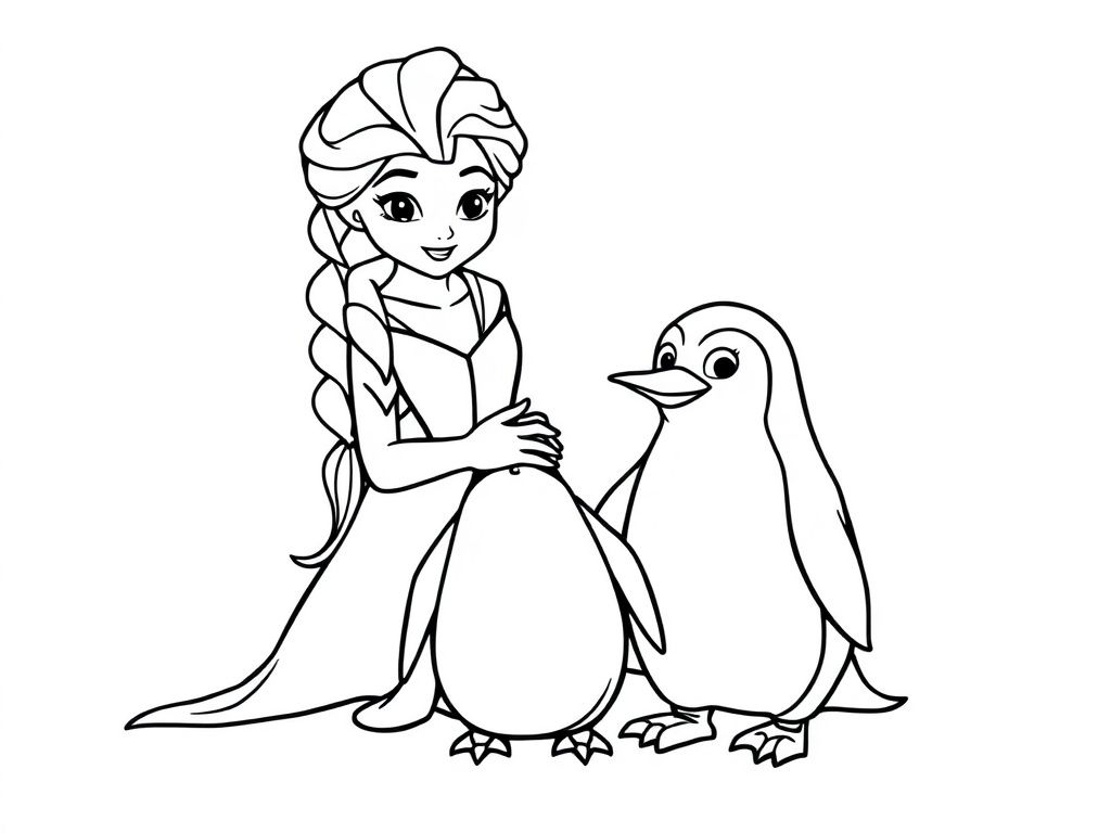 Elsa and Penguin Coloring Page - Free Printable Coloring Page