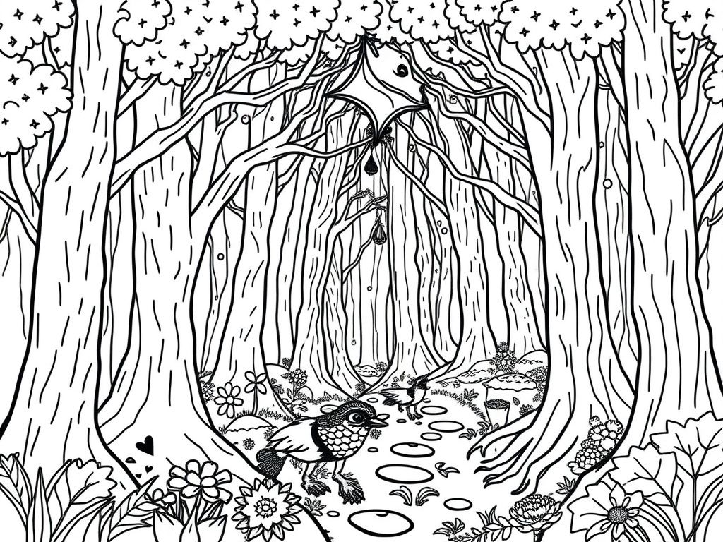 Bird in Forest Coloring Page - Free Printable Coloring Page