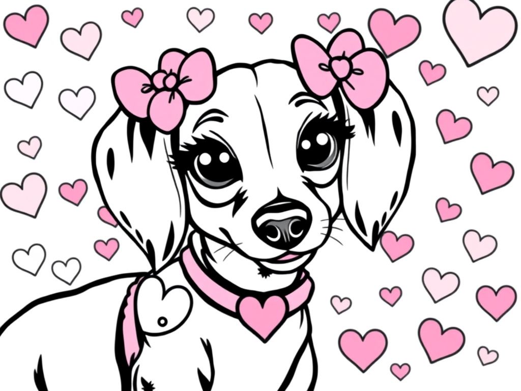 Cute Dog Coloring Page with Hearts - Free Printable Coloring Page