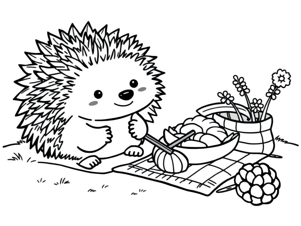 Hedgehog Picnic Coloring Page - Free Printable Coloring Page