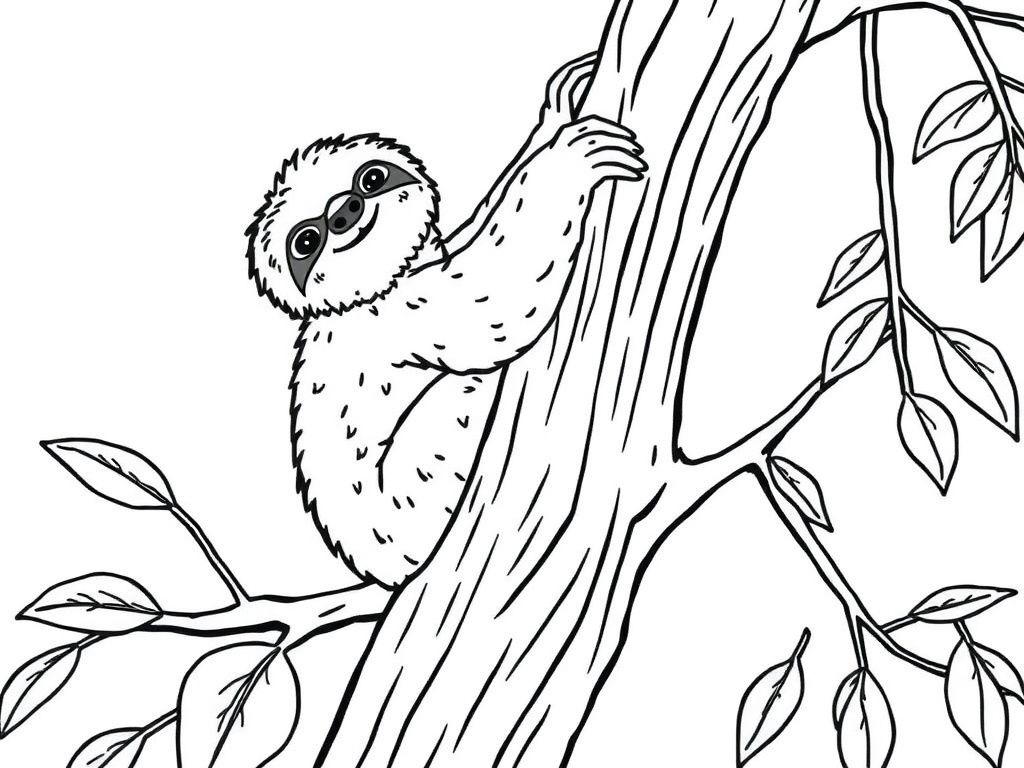 Sloth Hanging from Tree Coloring Page - Free Printable Coloring Page