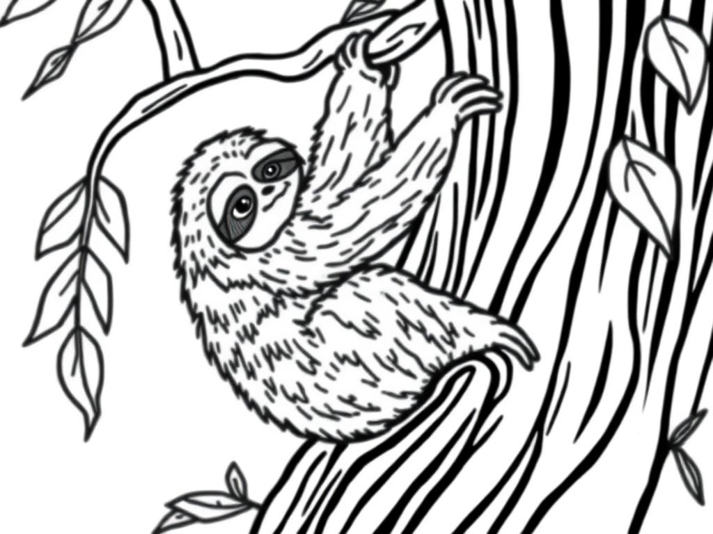 Sloth Hanging from Tree Coloring Page - Free Printable Coloring Page