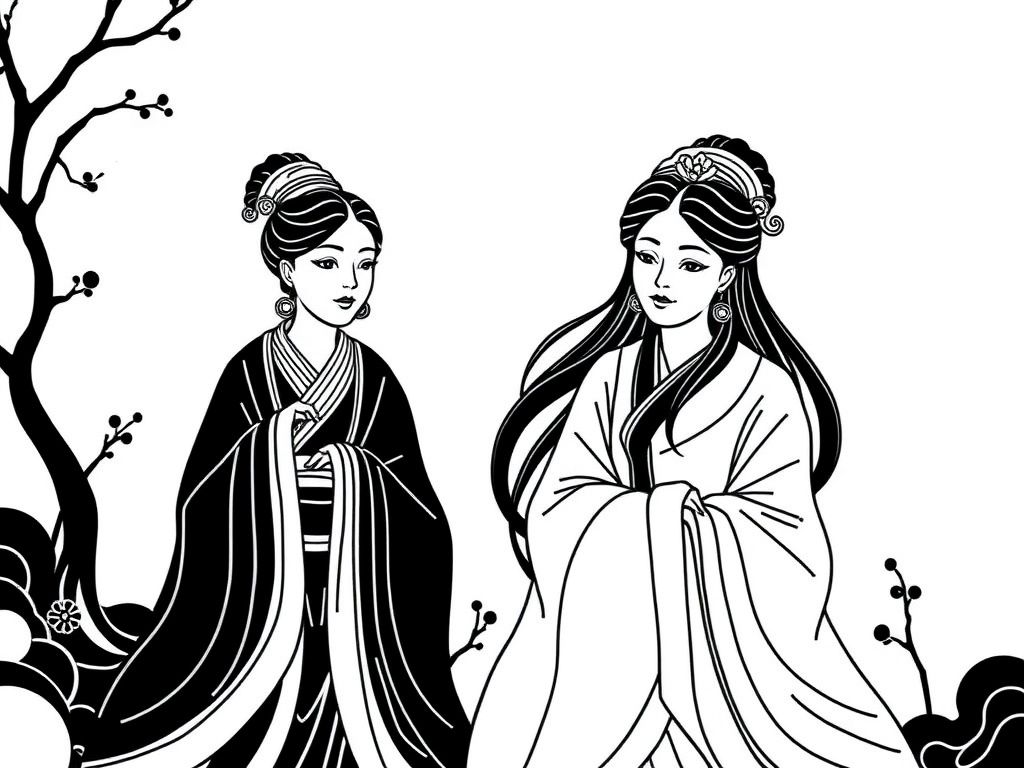 Traditional Japanese Women Coloring Page - Free Printable Coloring Page