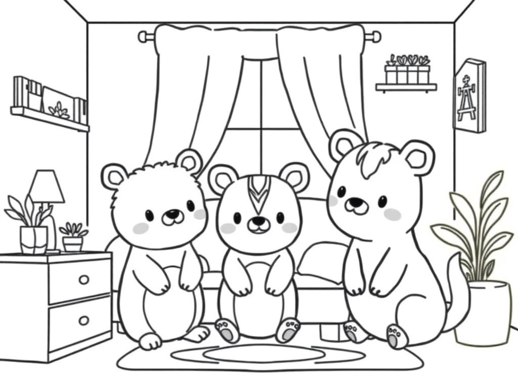 Cute Bears in Living Room Coloring Page - Free Printable Coloring Page