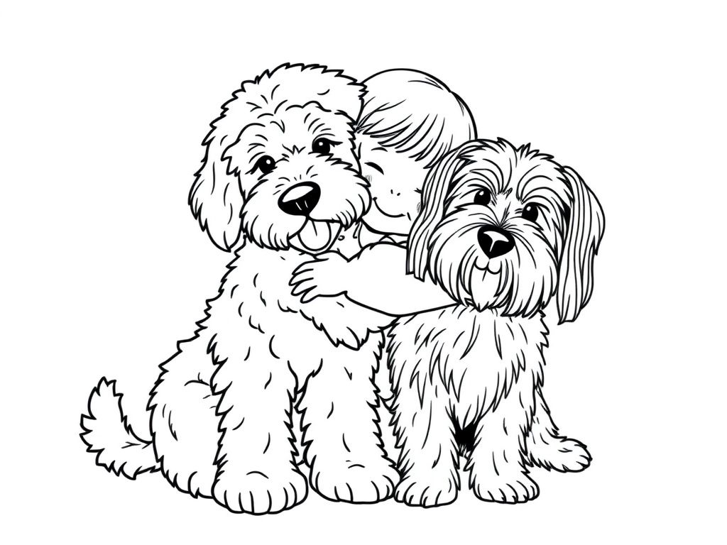 Girl Hugging Dogs Coloring Page - Free Printable Coloring Page