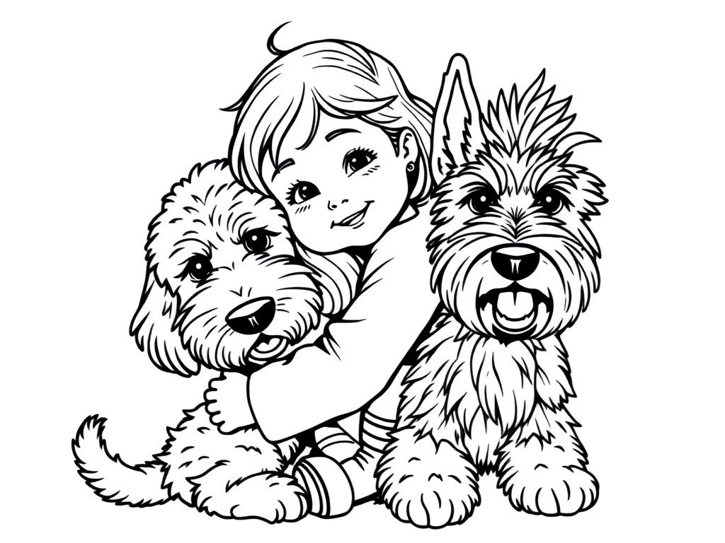 Kleurplaat van een meisje met honden - Free Printable Coloring Page