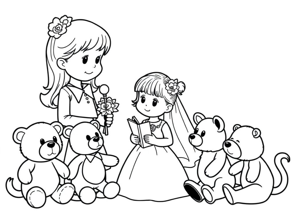 Girls with Teddy Bears Coloring Page - Free Printable Coloring Page