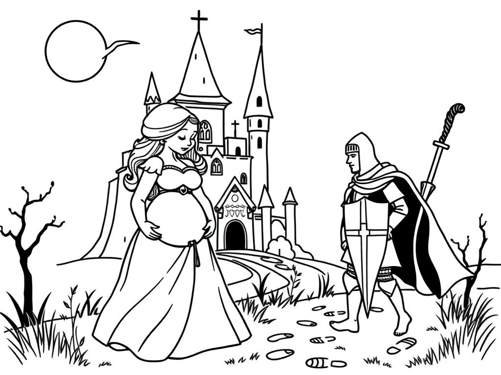 Pregnant Princess and Knight Coloring Page - Free Printable Coloring Page