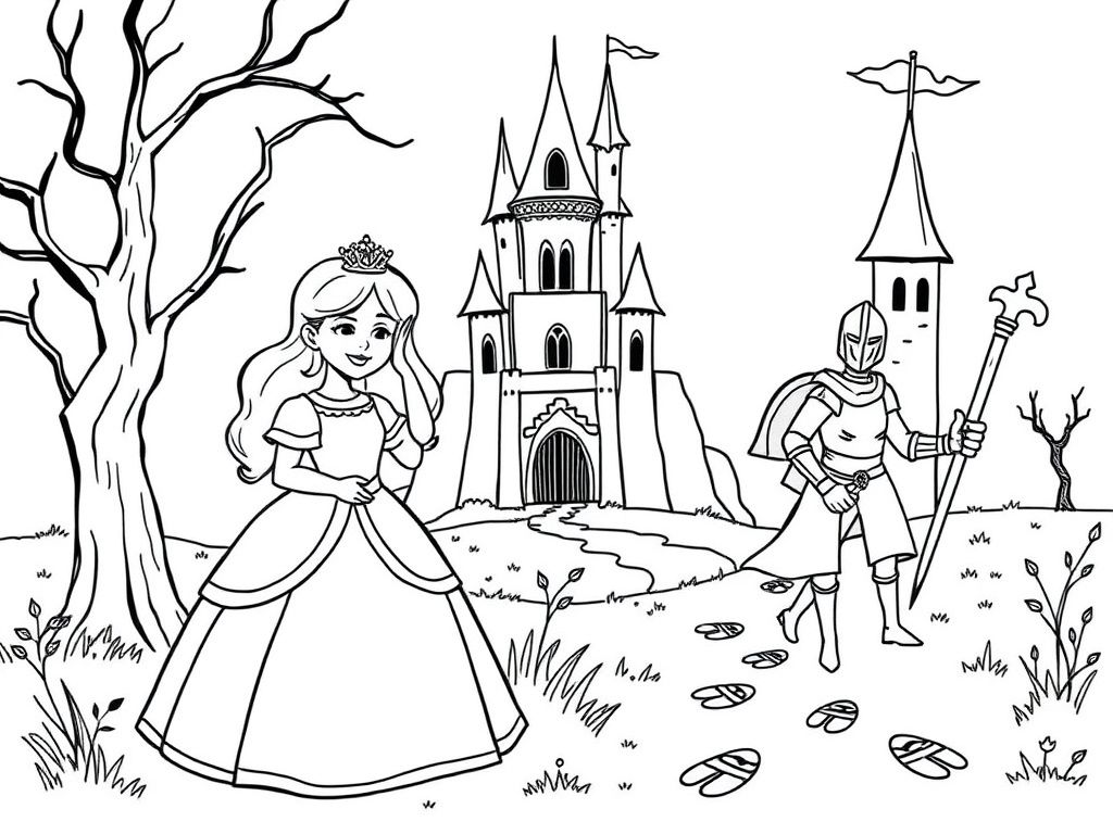 Princess and Knight Castle Coloring Page - Free Printable Coloring Page