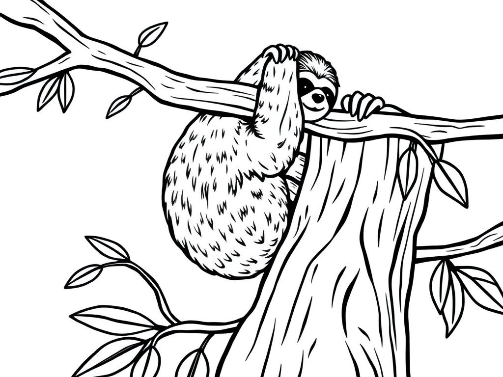 Sloth Hanging from Tree Coloring Page - Free Printable Coloring Page