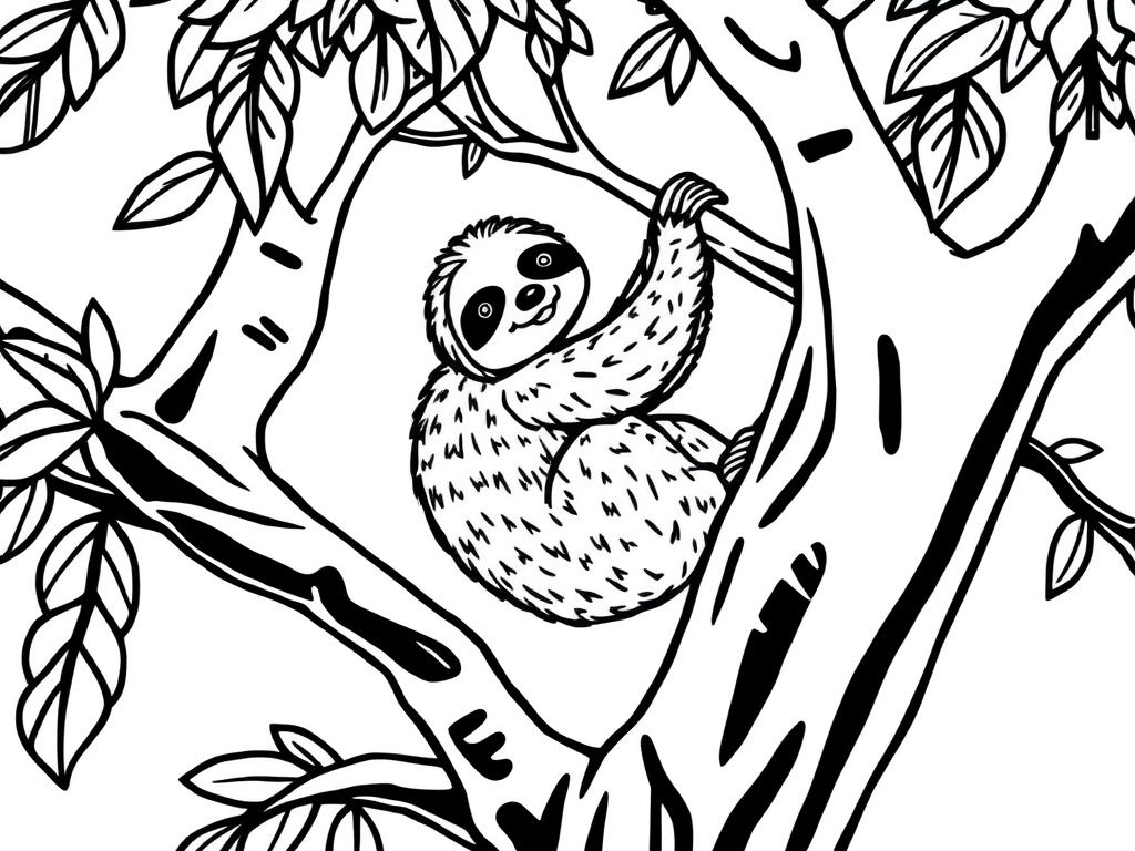 Sloth Hanging from Tree Coloring Page - Free Printable Coloring Page