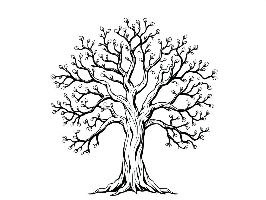 Tree Coloring Page with Branches and Leaves - Free Printable Coloring Page